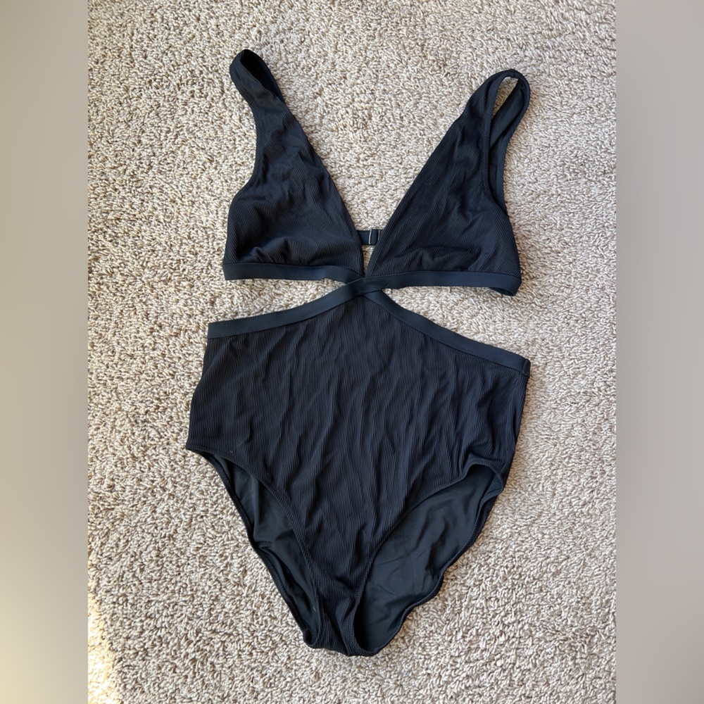 Aerie Black Ribbed Cutout Monokini Swimsuit Bathing S… - Gem